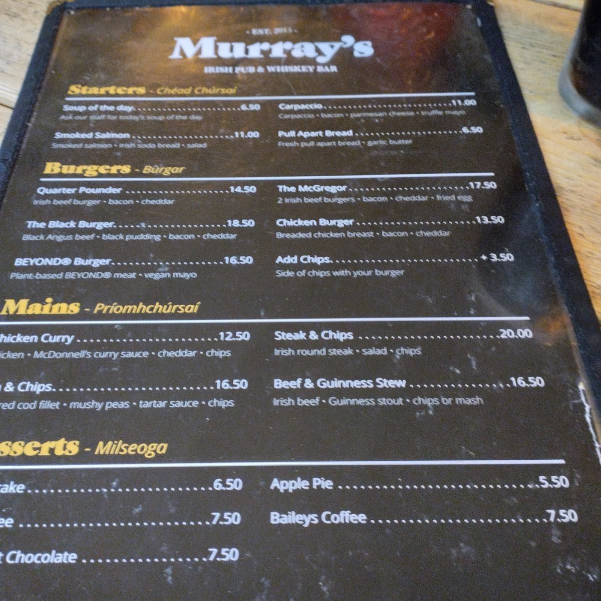 Menu at Murray's Irish Pub & Whiskey Bar, Spijkenisse
