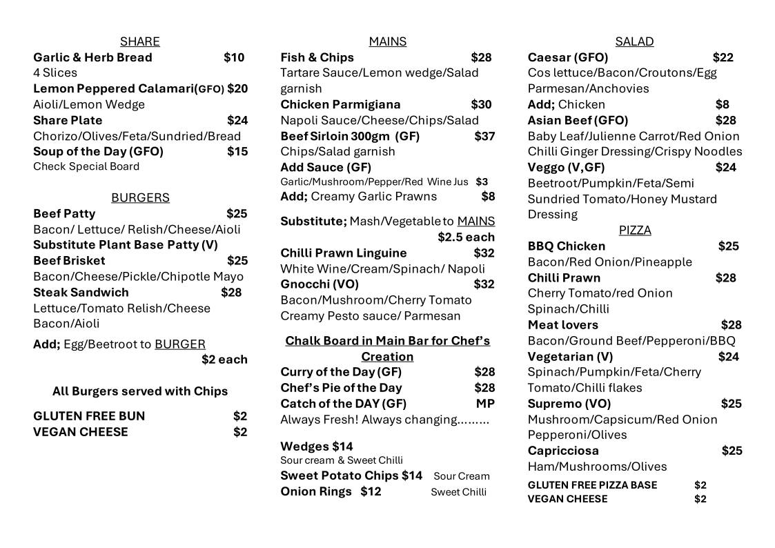 Menu at Noble Falls Tavern pub & bar, Gidgegannup, Toodyay Rd