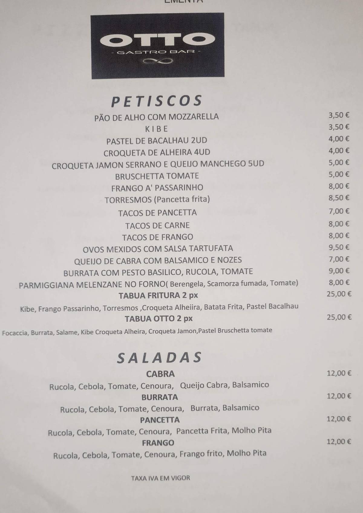 Carta de OTTO GASTRO BAR, Colares