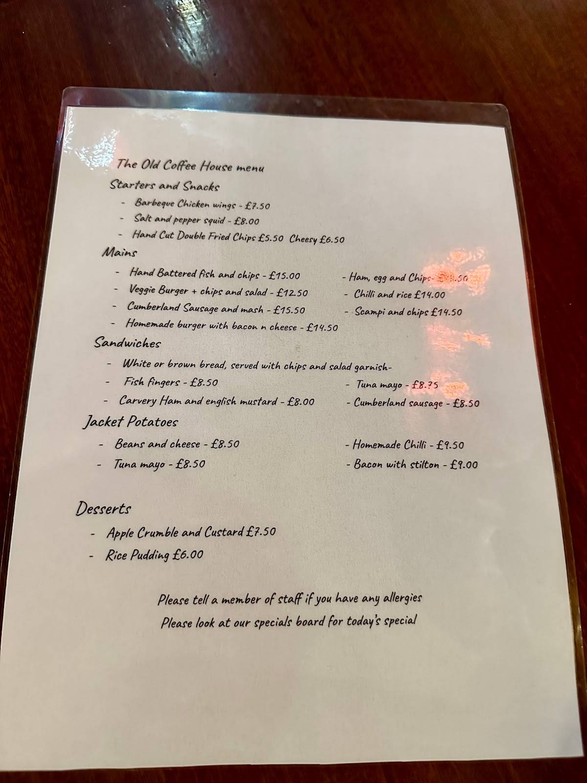 Menu at Old Coffee House, London, 49 Beak St