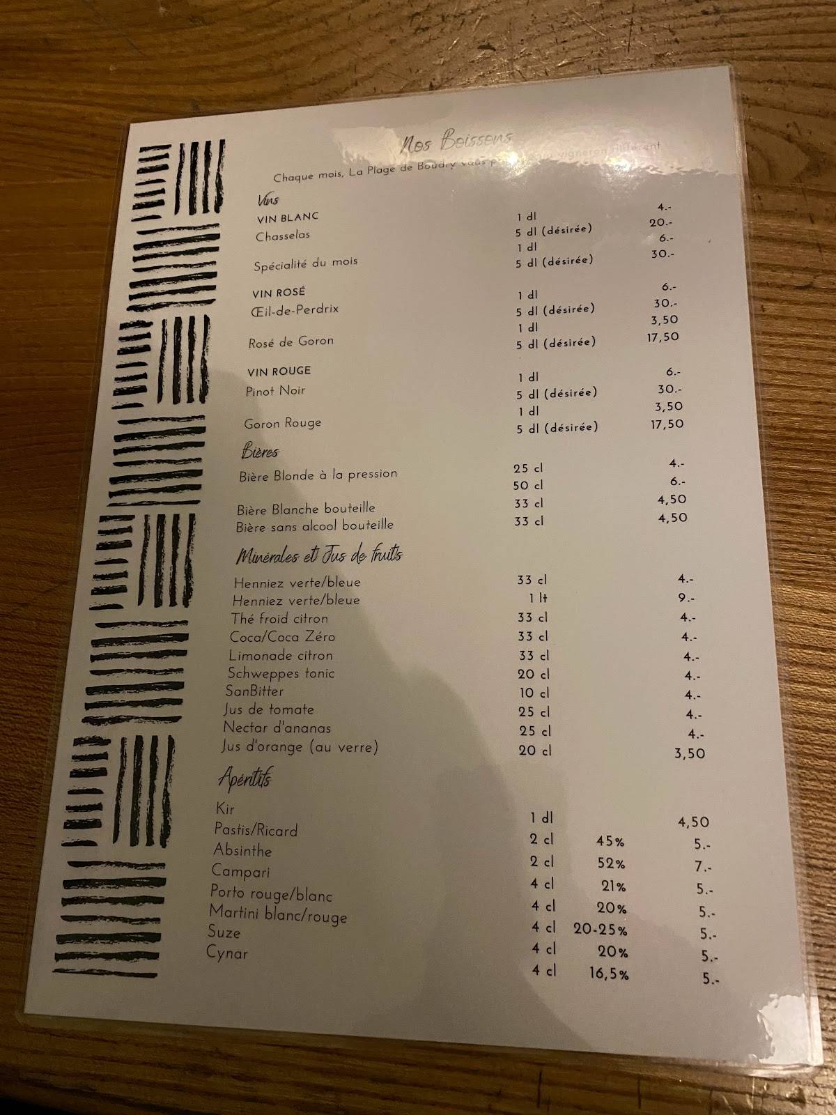 Menu au La plage de Boudry, Boudry, Rte du Lac 20