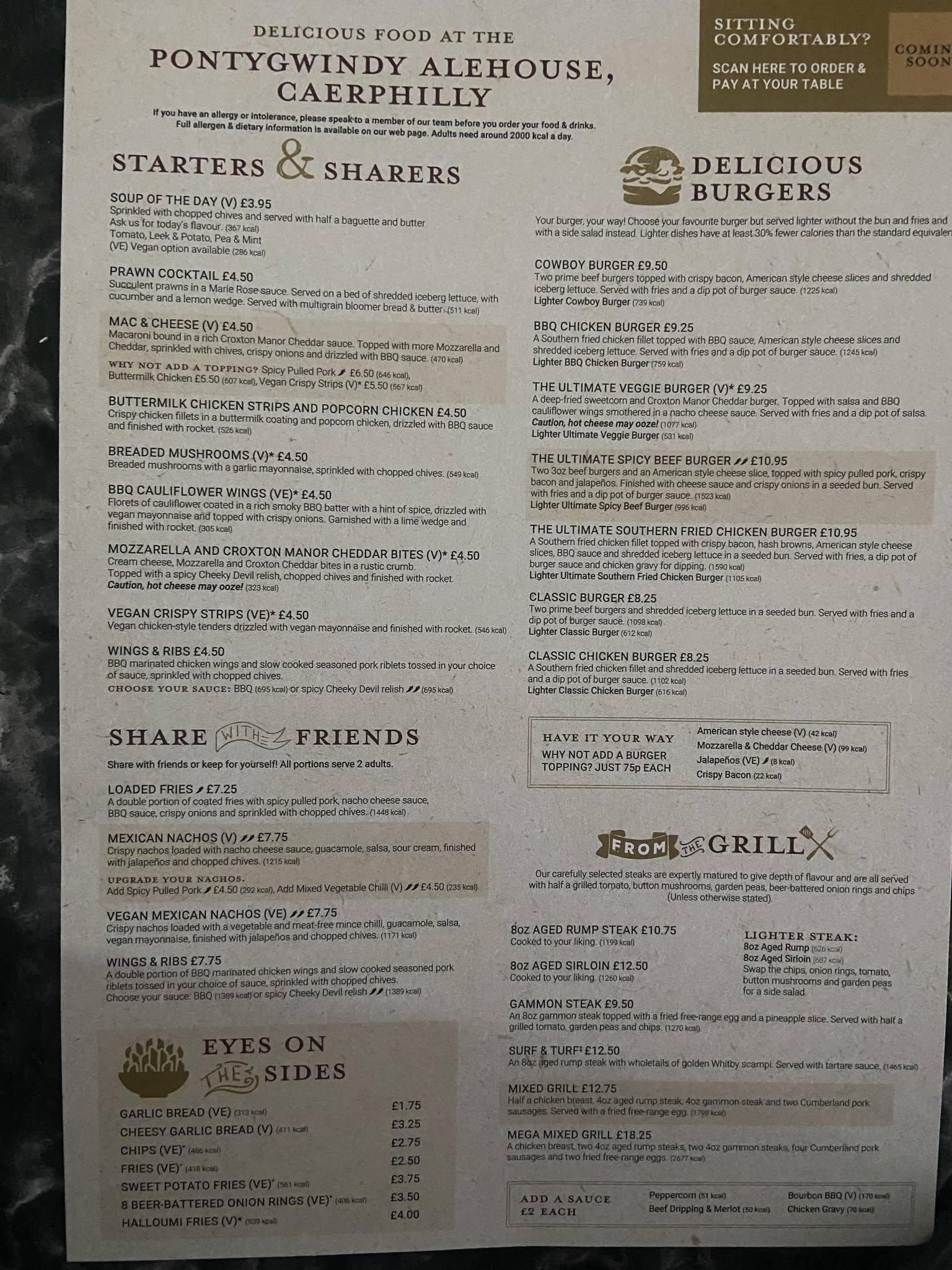 Menu at Pontygwindy Alehouse pub & bar, Caerphilly
