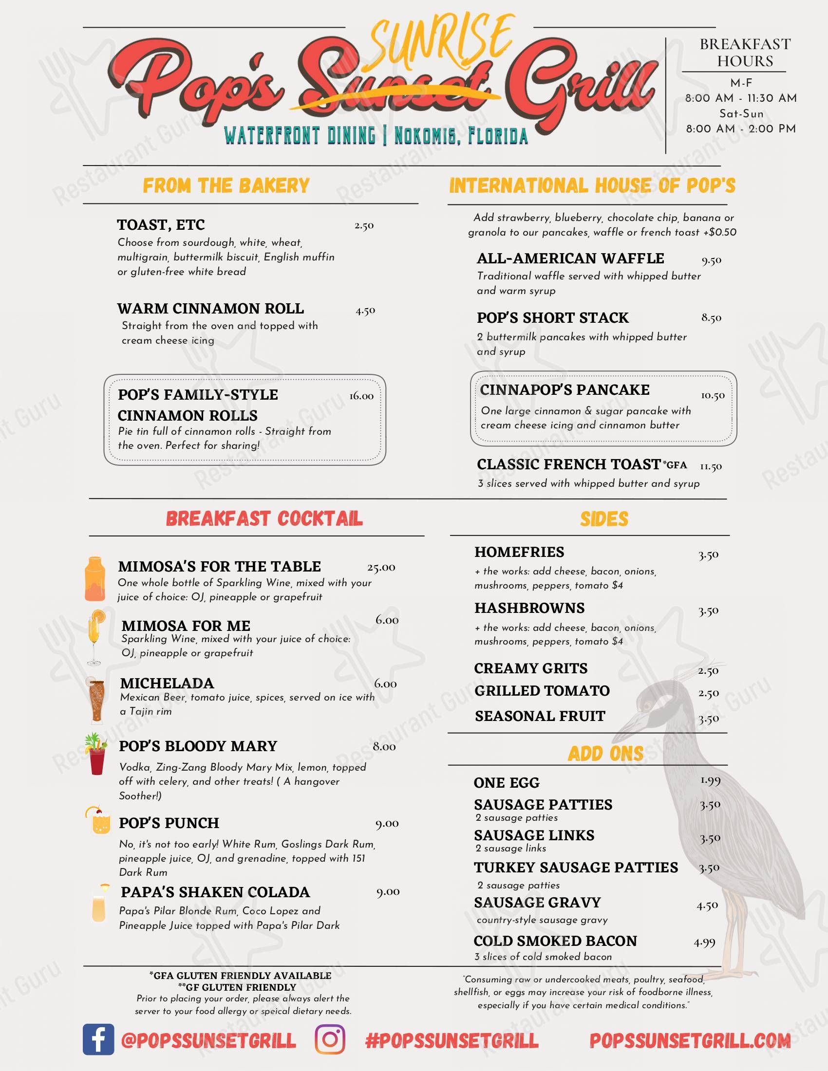 Menu at Pop's Sunset Grill pub & bar, Nokomis