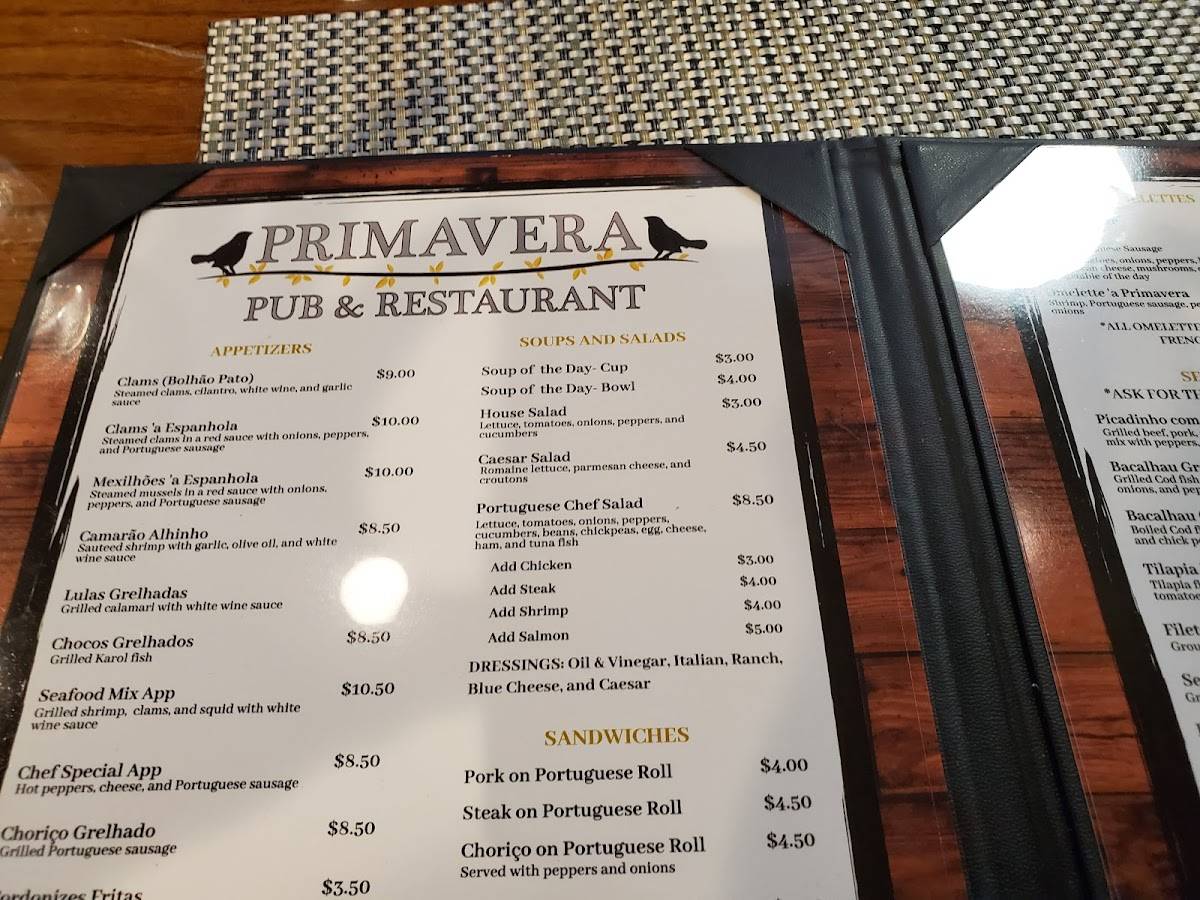 Menu at Primavera Pub, Hartford