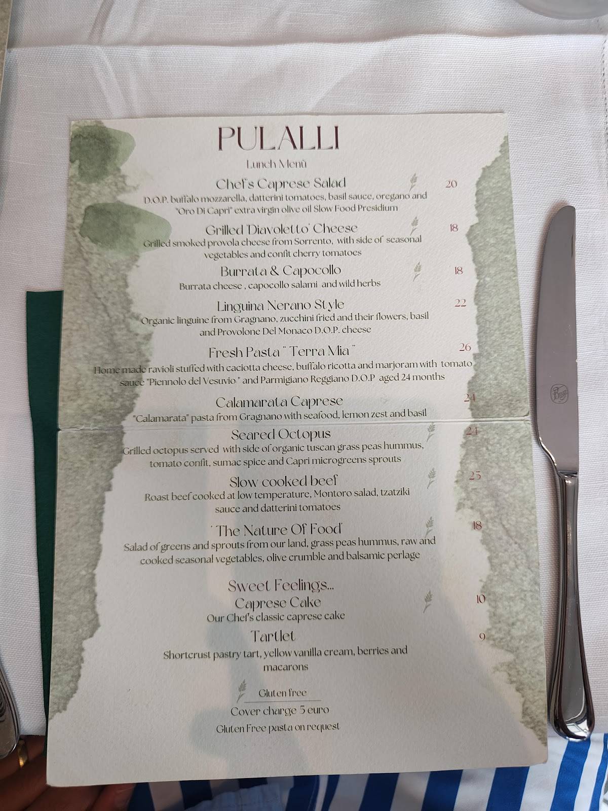 Menu at Pulalli pub & bar, Capri, Piazza Umberto I
