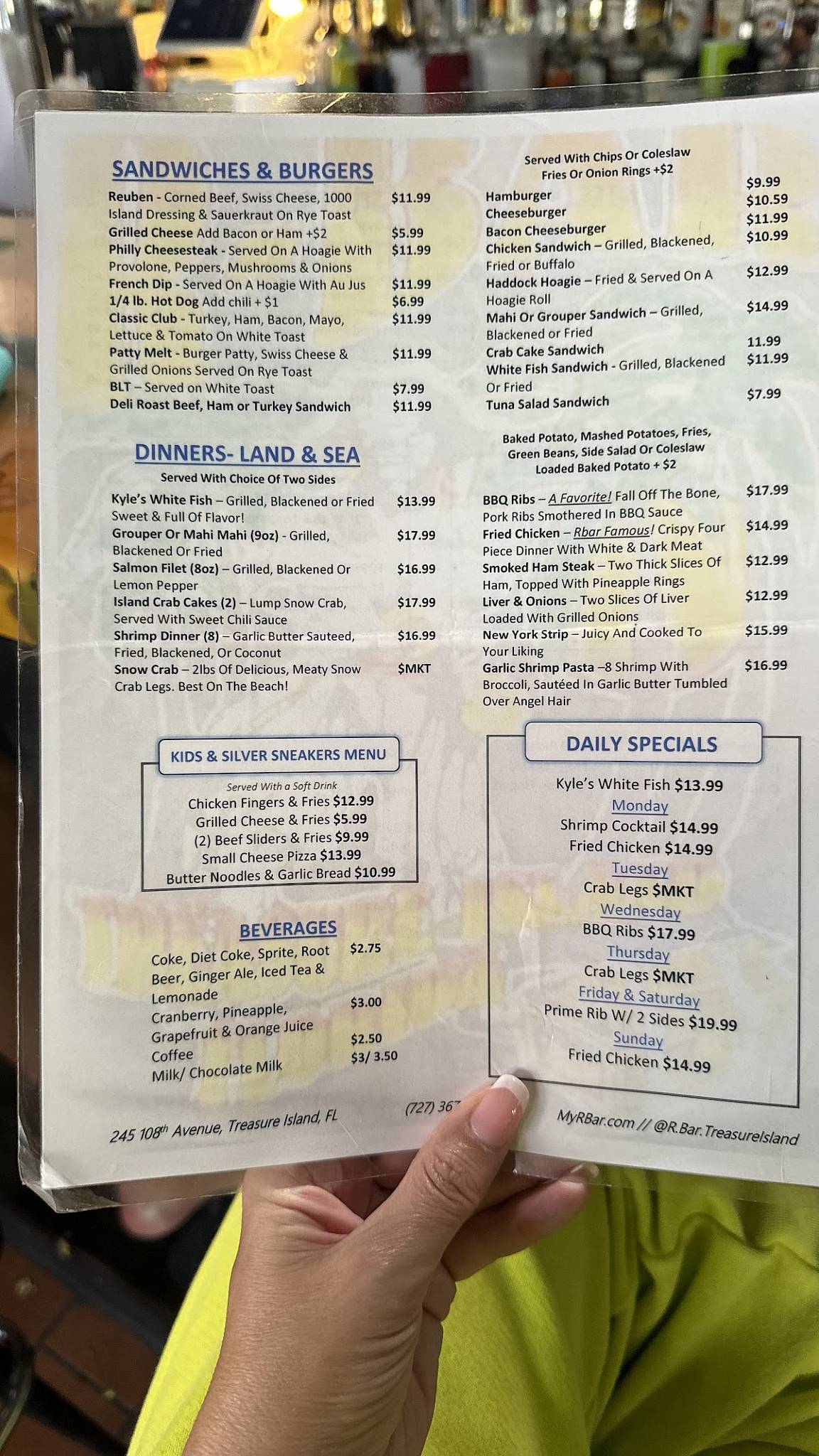 Menu at R Bar, Treasure Island
