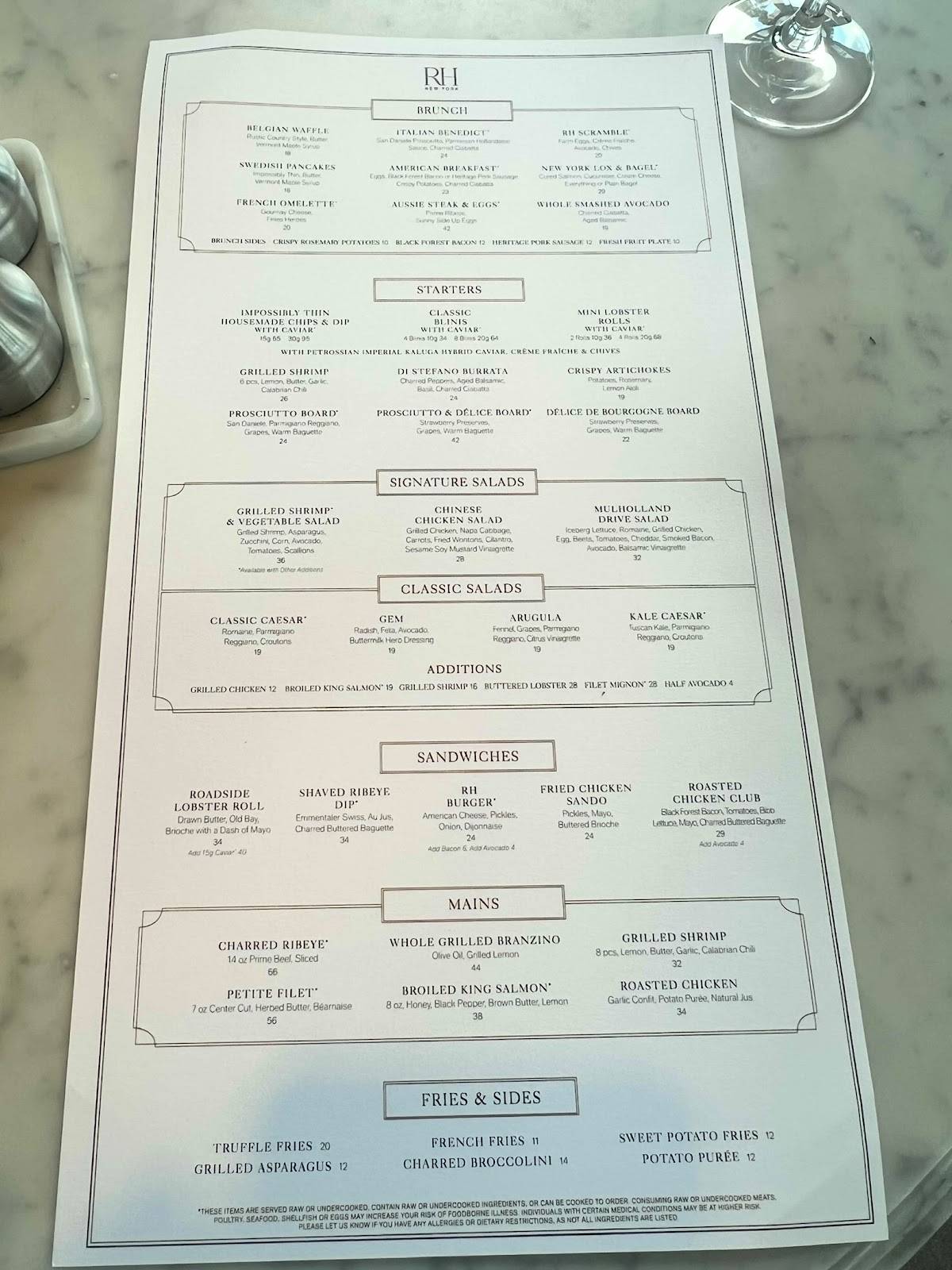 Menu at RH Rooftop Restaurant at RH New York, New York City