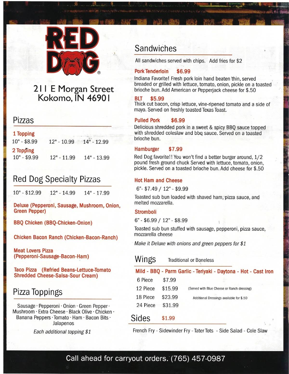 Menu at Red Dog Saloon pub & bar, Kokomo