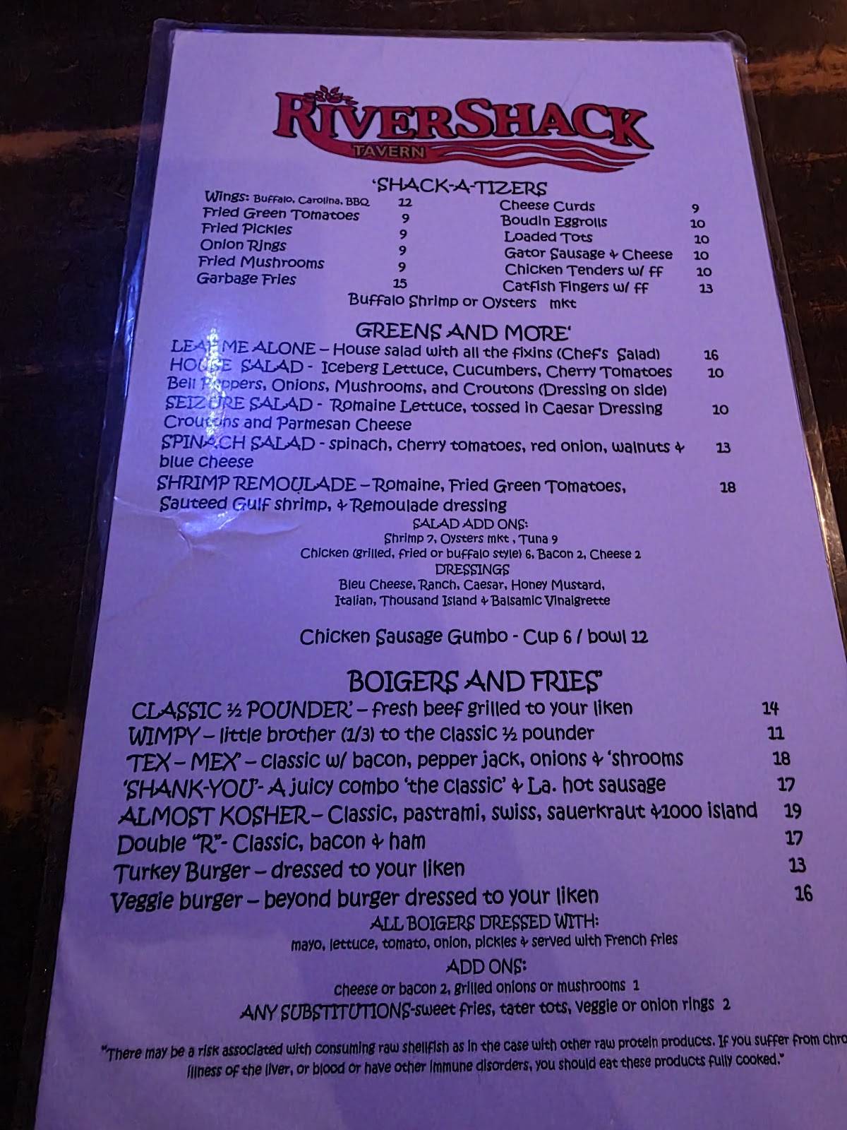 Menu at Rivershack Tavern pub & bar, Jefferson, River Rd