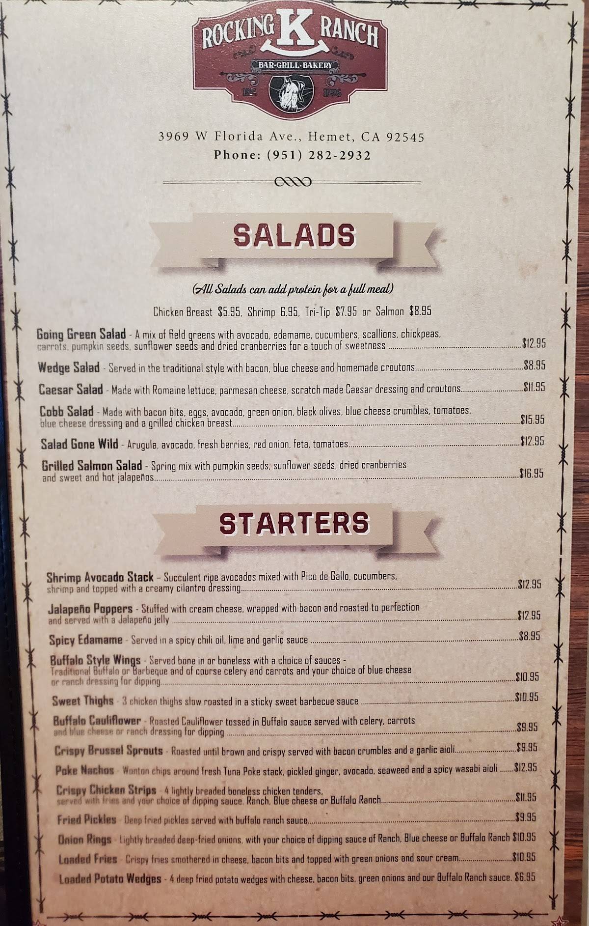 Menu at Rocking K Ranch pub & bar, Hemet