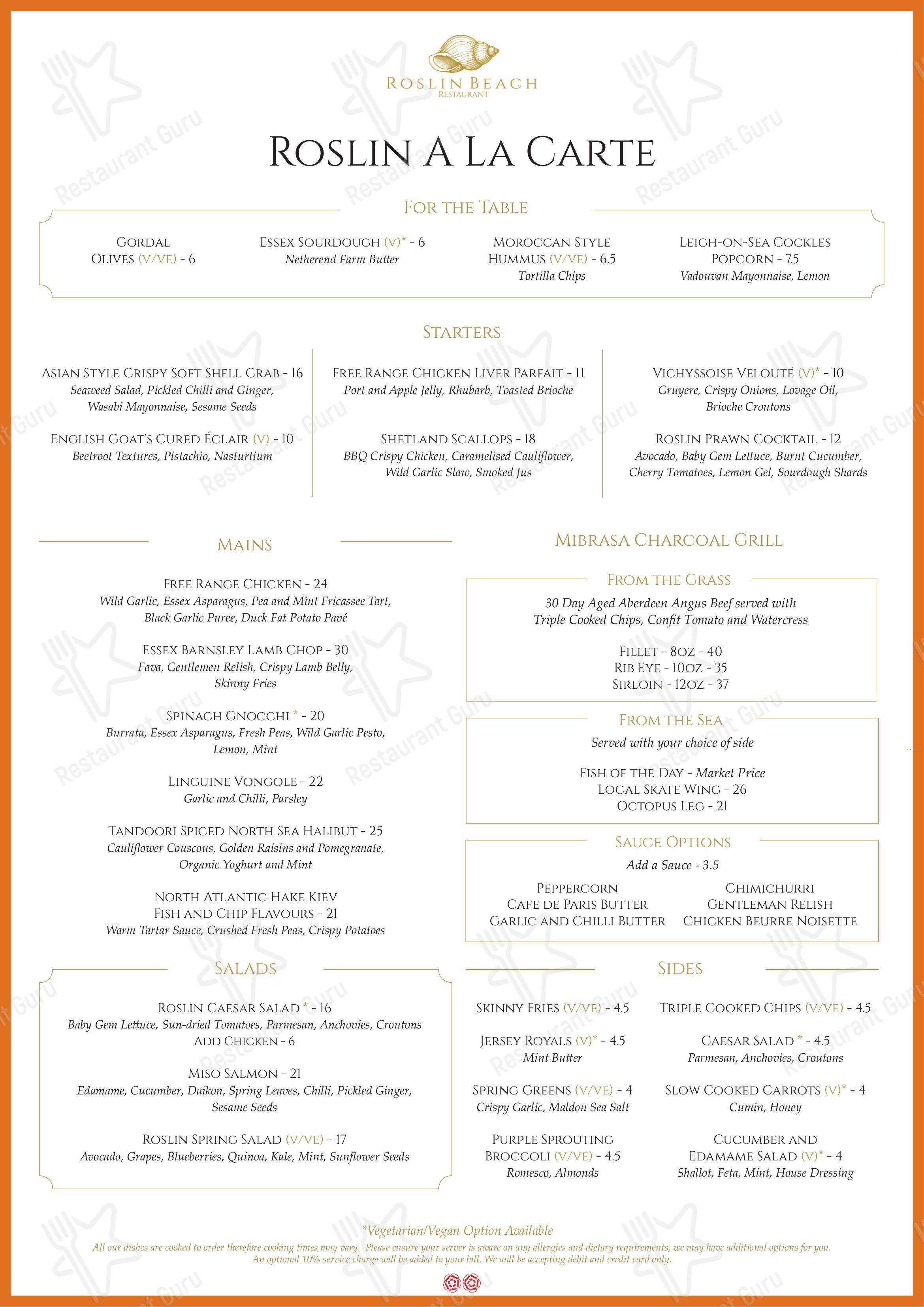 Menu at Roslin Beach Hotel pub & bar, Southend-on-Sea