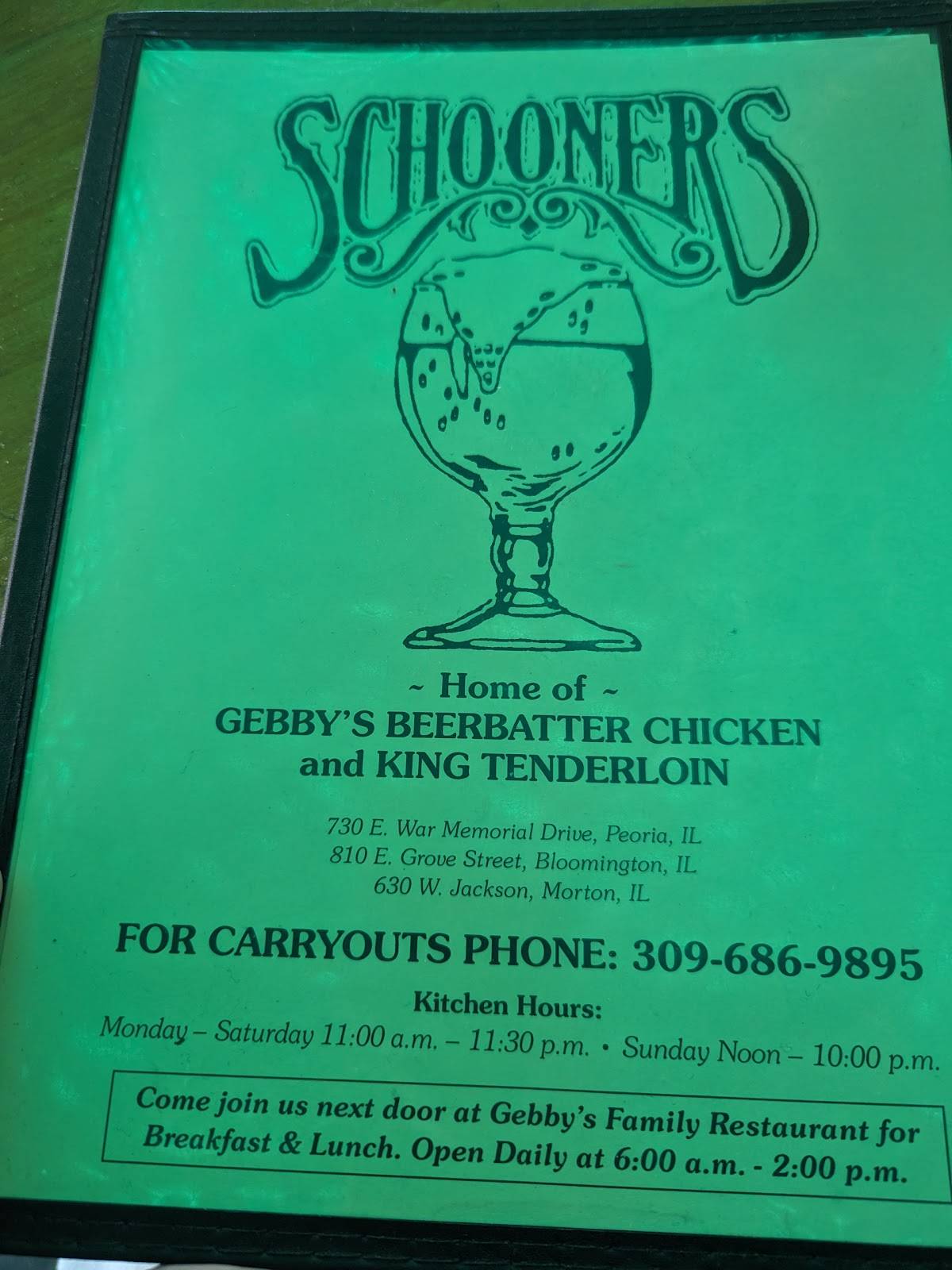 Menu at Schooners pub & bar, Peoria Heights