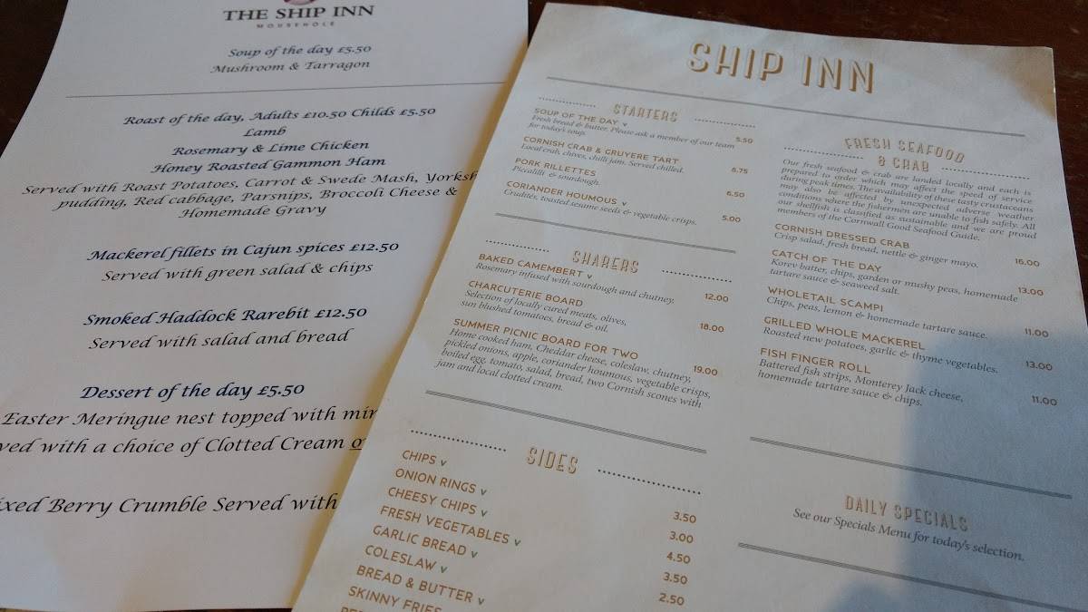 Menu at Ship Inn, Mousehole pub & bar, Penzance