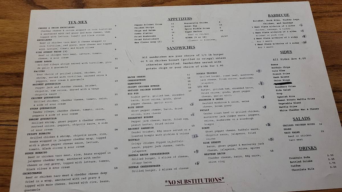 Menu at Side Street Bar N Grill, Fertile