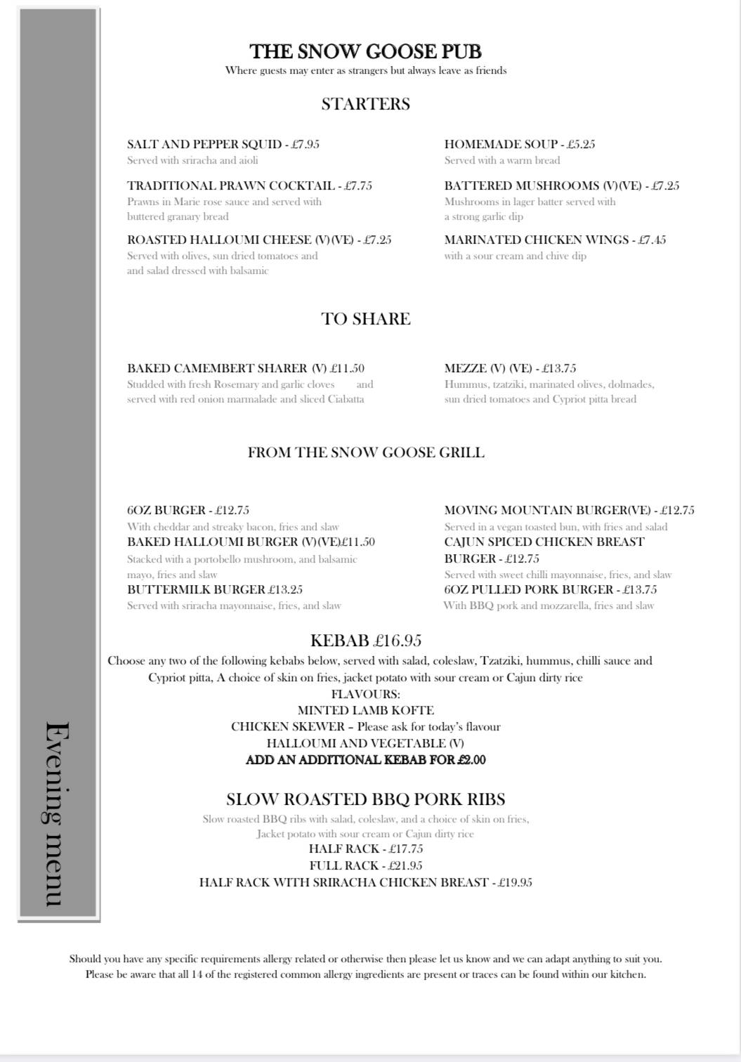 Menu at The Snow Goose pub & bar, Farnborough