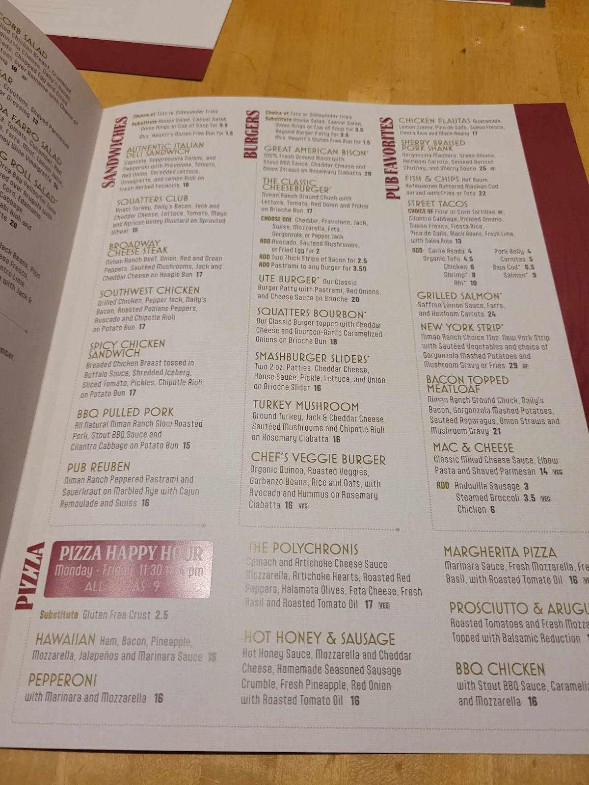 Menu at Squatters Pub Brewery, Salt Lake City, 147 W Broadway
