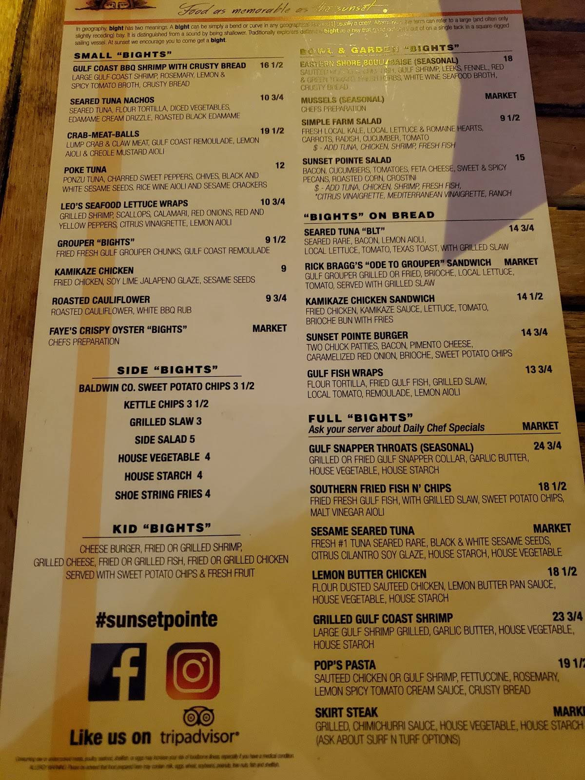 Menu at Sunset Pointe at Fly Creek Marina pub & bar, Fairhope