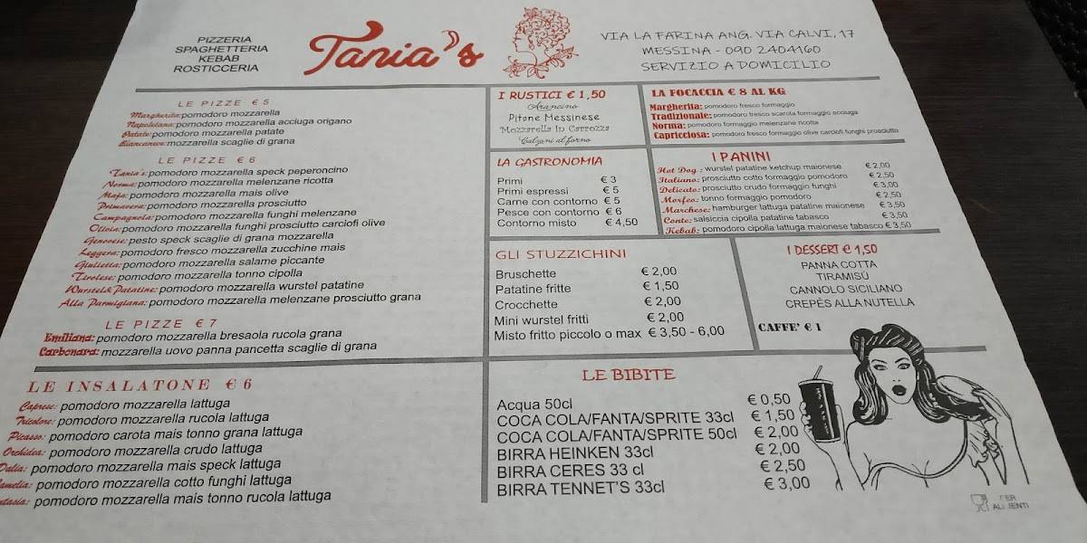 Menu at Tania’s pub & bar, Messina