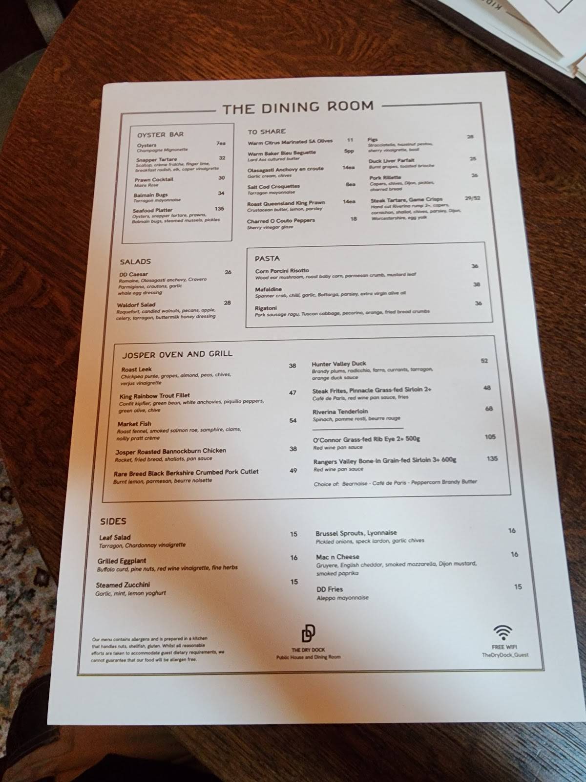 Menu at The Dry Dock Public House and Dining Room, Balmain