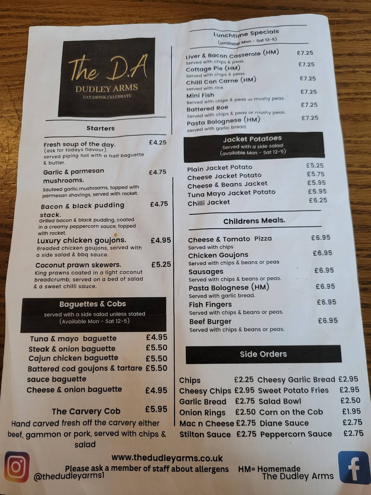 Menu at The Dudley Arms pub & bar, Dudley