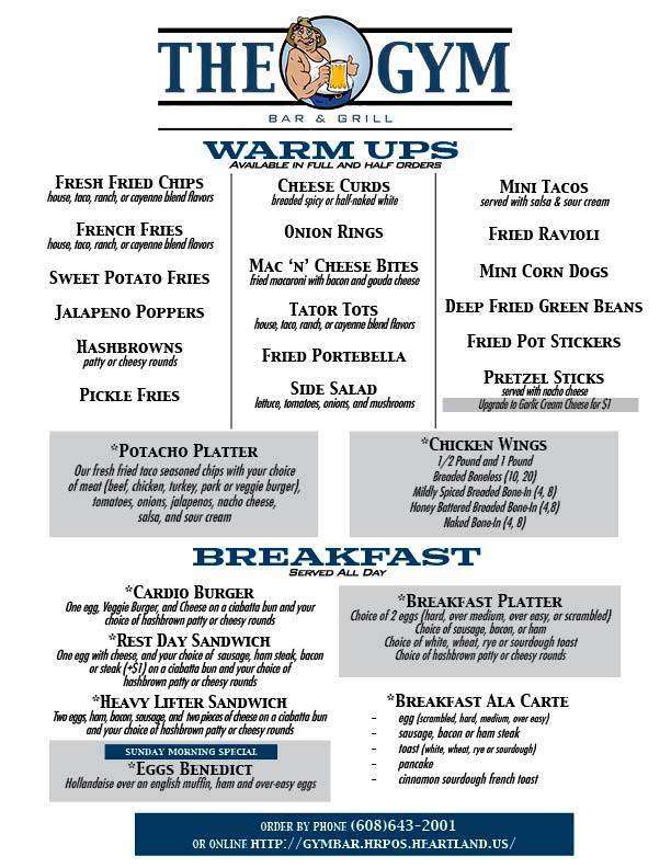 Menu at The Gym Bar & Grill, Sauk City