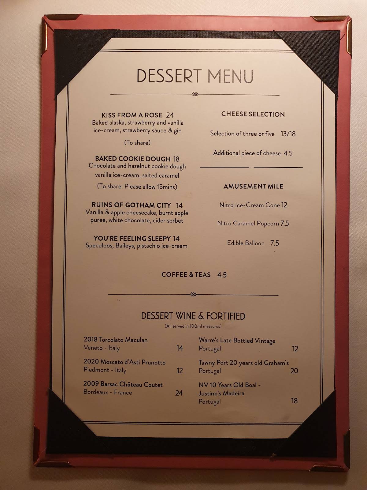 Menu at The Iceberg Lounge at Park Row restaurant, London