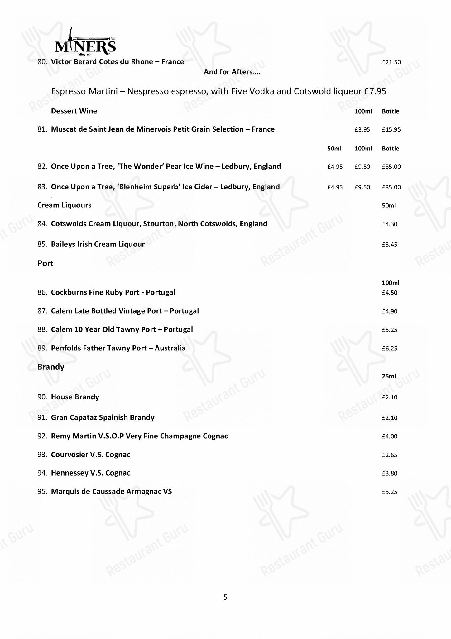Menu at Miners country inn sling pub & bar, Coleford, Chepstow Road