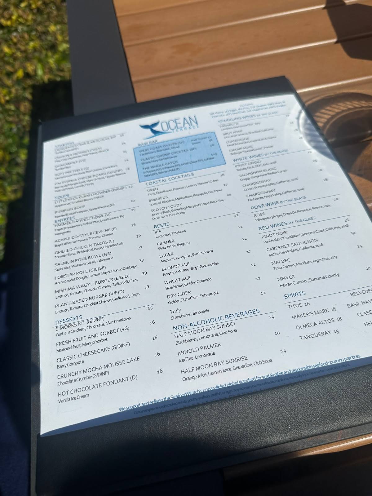 Menu at The Ocean Terrace pub & bar, Half Moon Bay