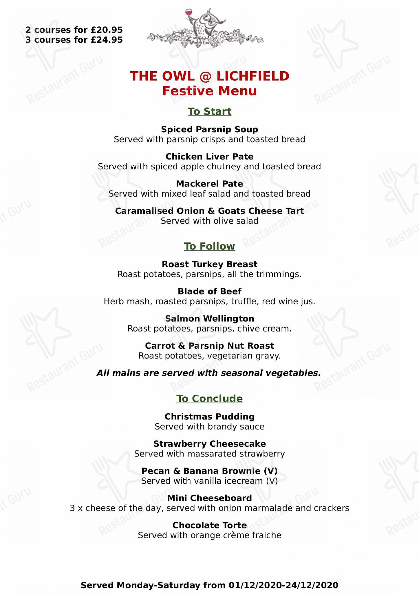 Menu at The Owl at Lichfield pub & bar, Lichfield