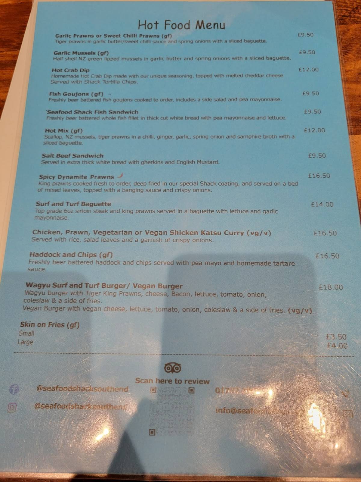 Menu at The Seafood Shack restaurant, Southend-on-Sea, 32-35 Eastern ...