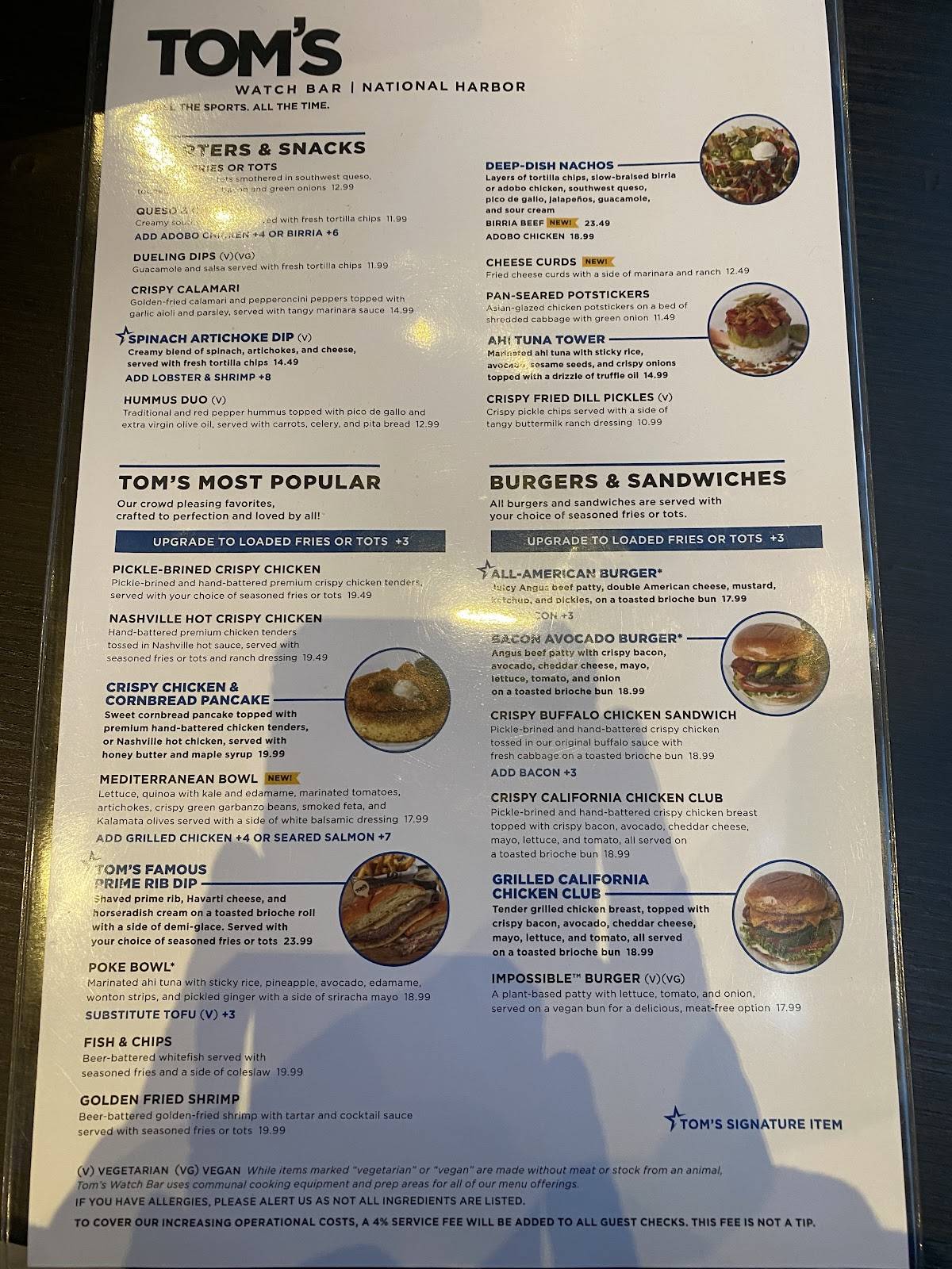 Menu at Tom's Watch Bar - National Harbor, Oxon Hill