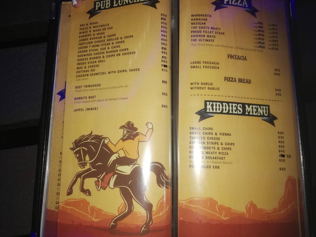 Menu at Top Shots Saloon pub & bar, Boksburg