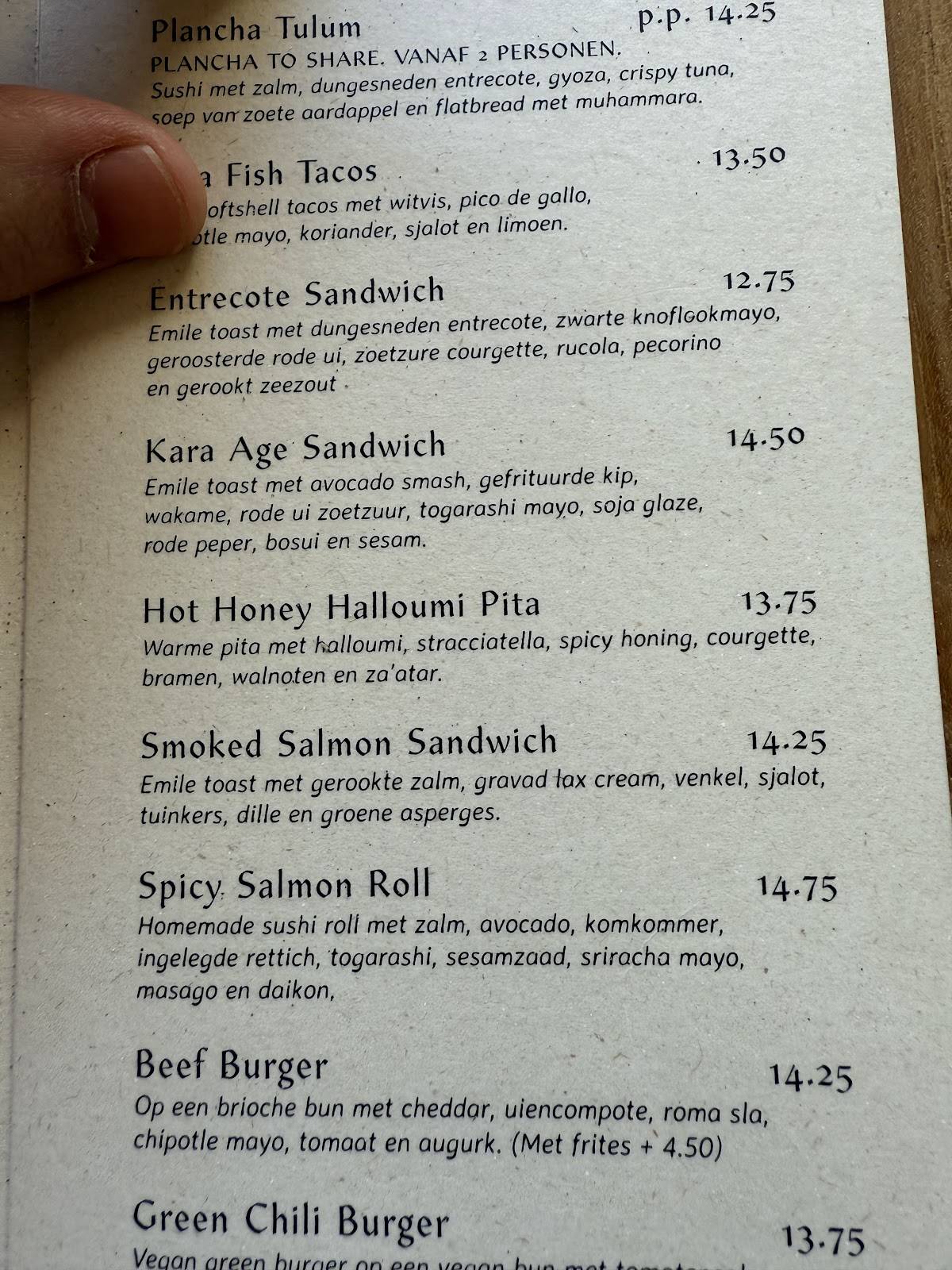Menu at Tulum, Noordwijk