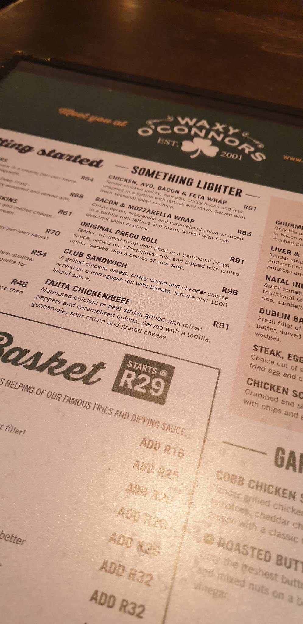 Menu at Waxys Sunningdale pub & bar, Durban, Shop 108/109