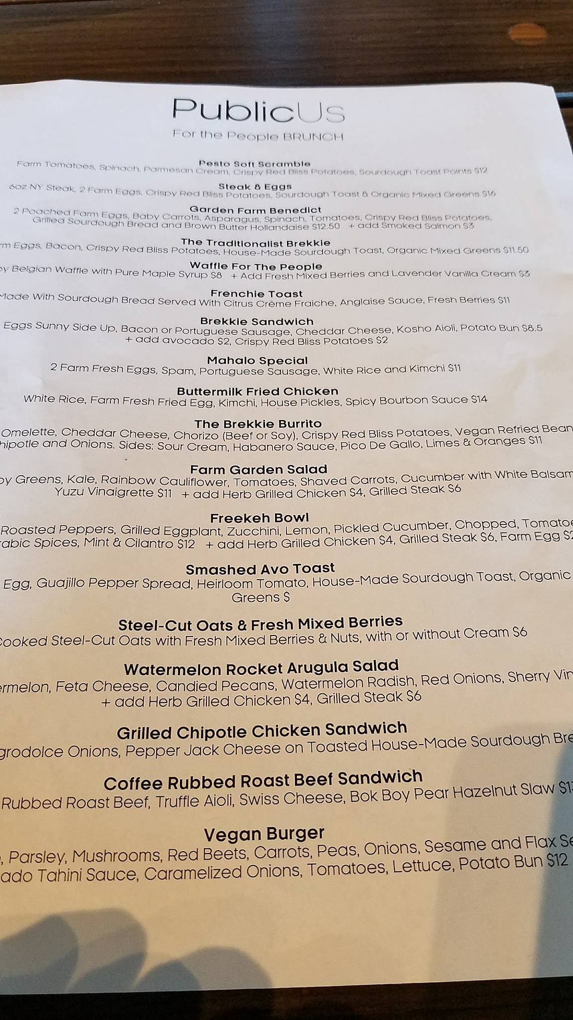 Menu at PublicUs, Las Vegas