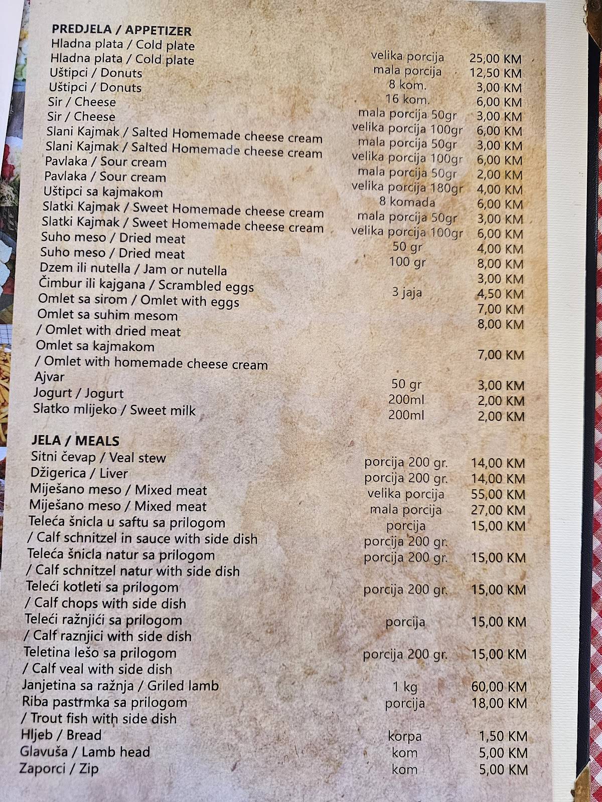 Carta del restaurante Pucan, Sarajevo