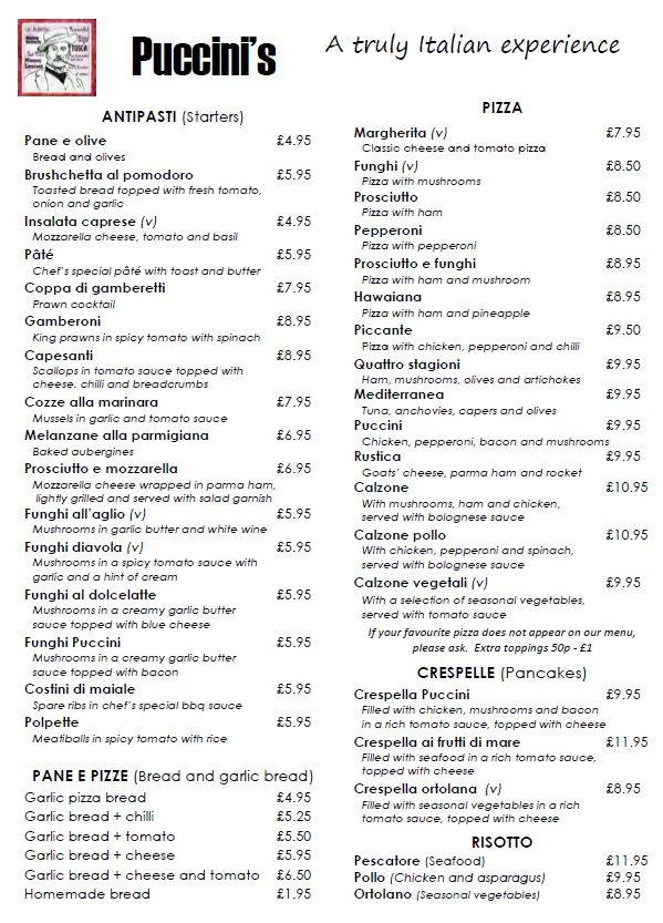 Menu at Puccini's restaurant, Barnsley