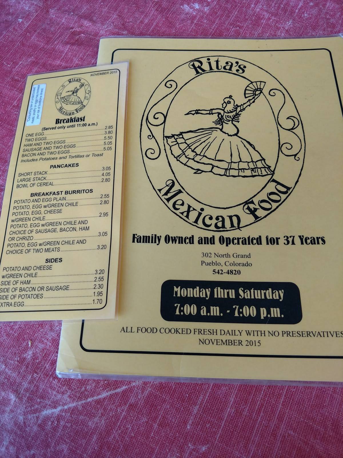 Menu at Rita's Mexican Food restaurant, Pueblo