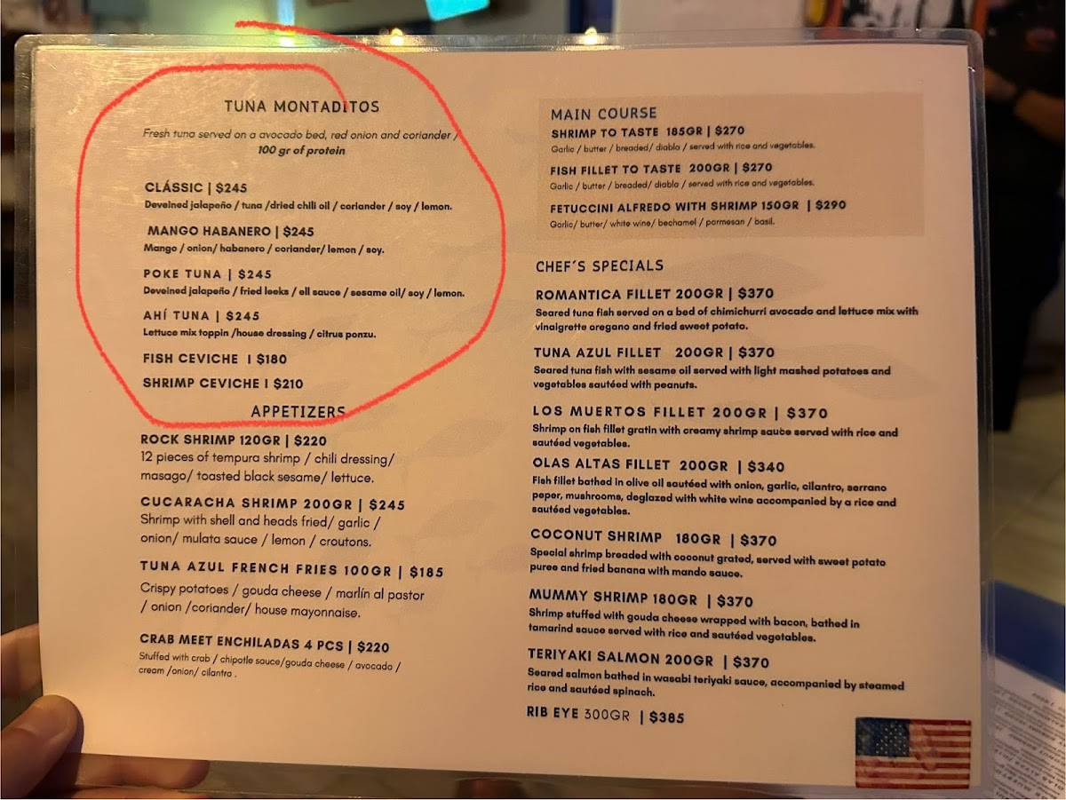 Menu at Tuna Azul Zona Romantica restaurant, Puerto Vallarta