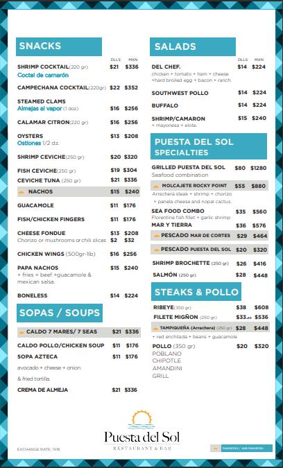 Menu at Puesta Del Sol restaurant, Puerto Peñasco, P.º Balboa 100