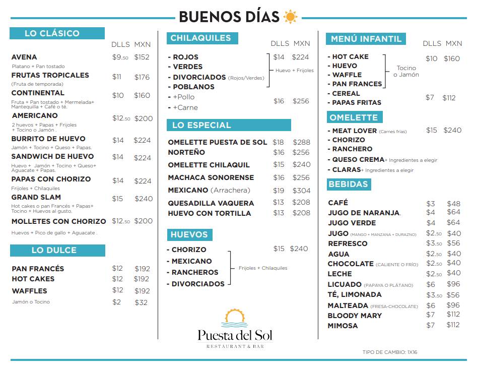 Menu at Puesta Del Sol restaurant, Puerto Peñasco, P.º Balboa 100