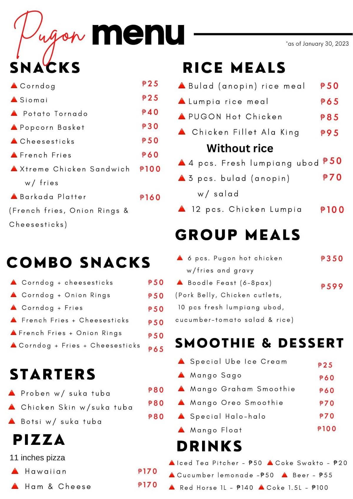 Menu at Pugon restaurant, Nabunturan