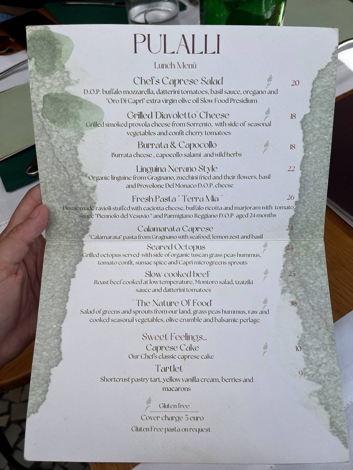 Menu at Pulalli pub & bar, Capri, Piazza Umberto I