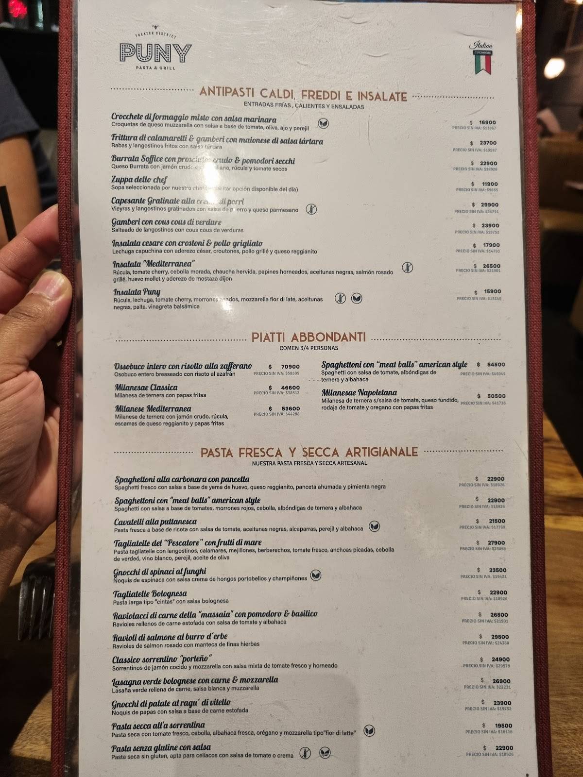 Carta del restaurante Puny - Pasta & Grill, Buenos Aires