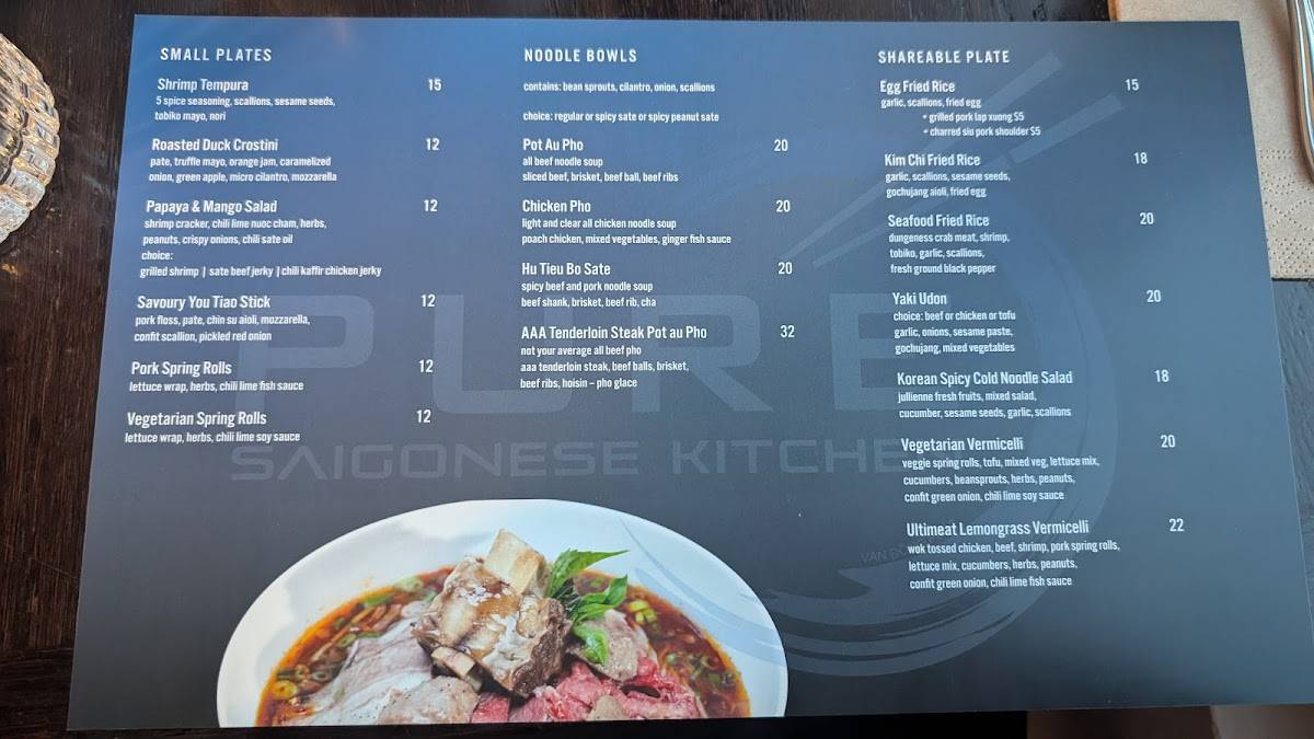 Menu at Pure Saigonese Kitchen restaurant, Calgary