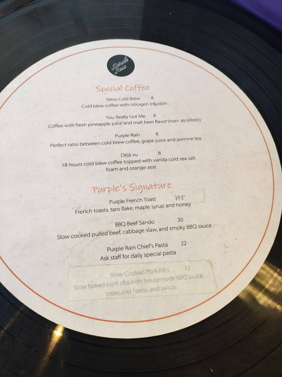 Menu at Purple Rain Cafe, Campbell