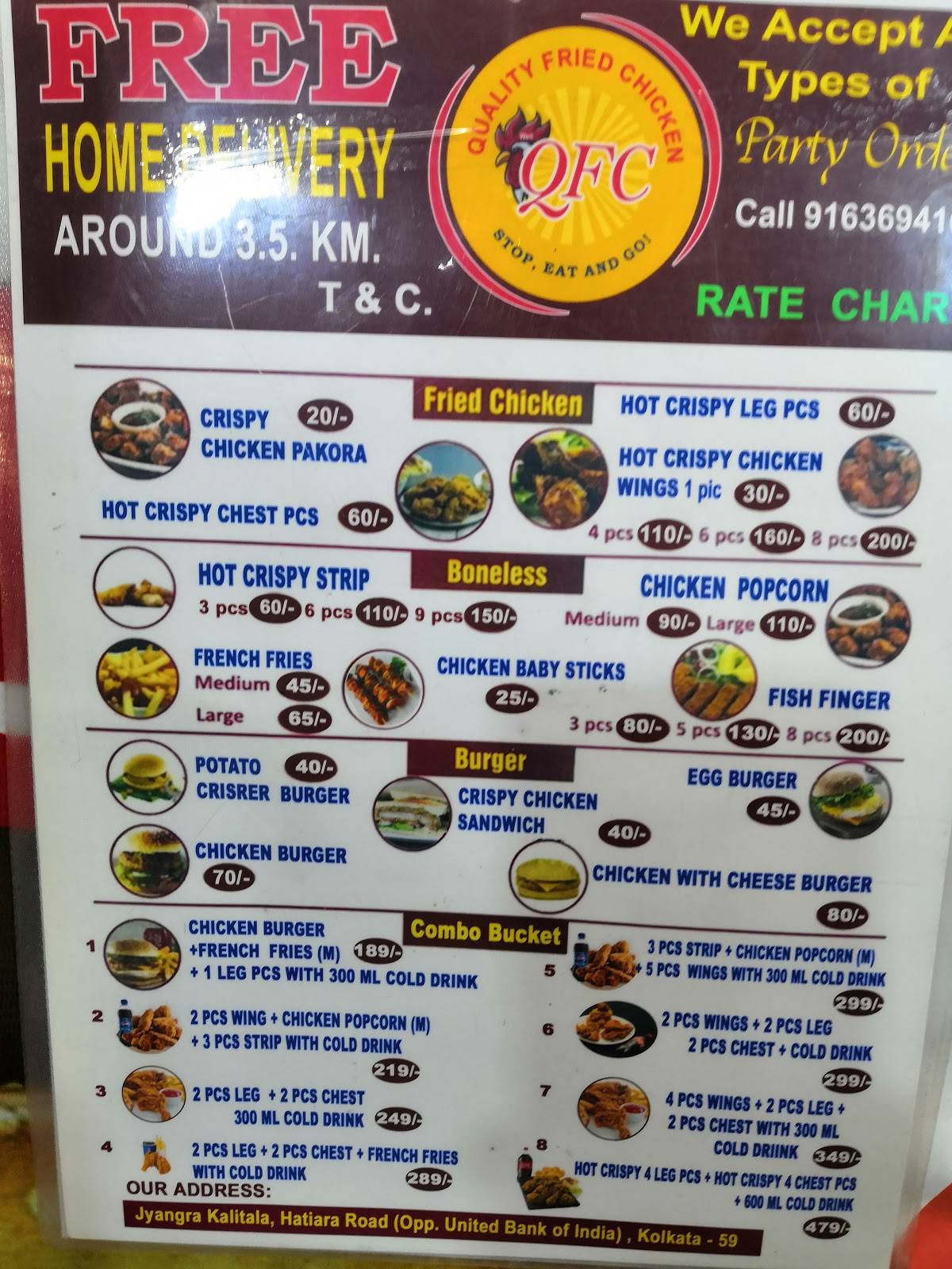 Menu at QFC (Quality fried chicken), Kolkata, Bus Stop