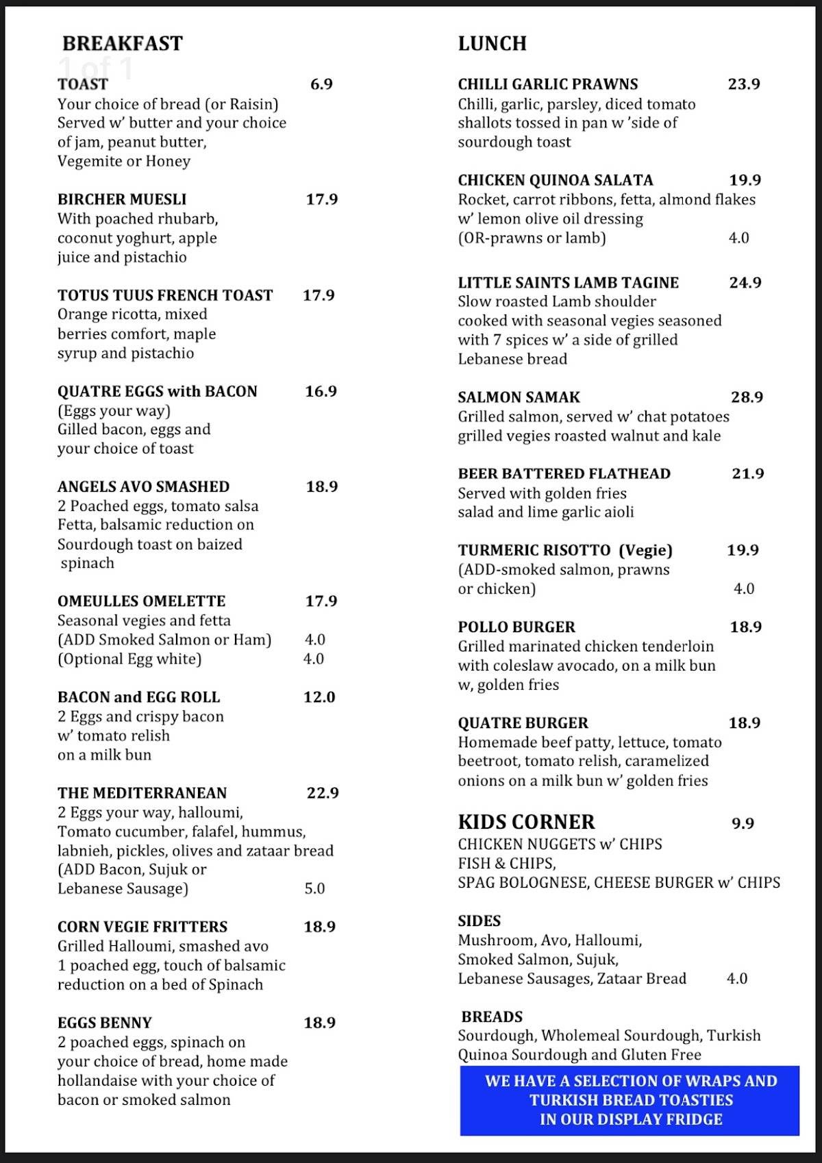 Menu at Quatre Cafe, Strathfield