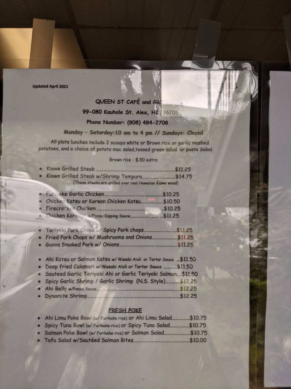 Menu at Queen Street Cafe & Grill, Aiea