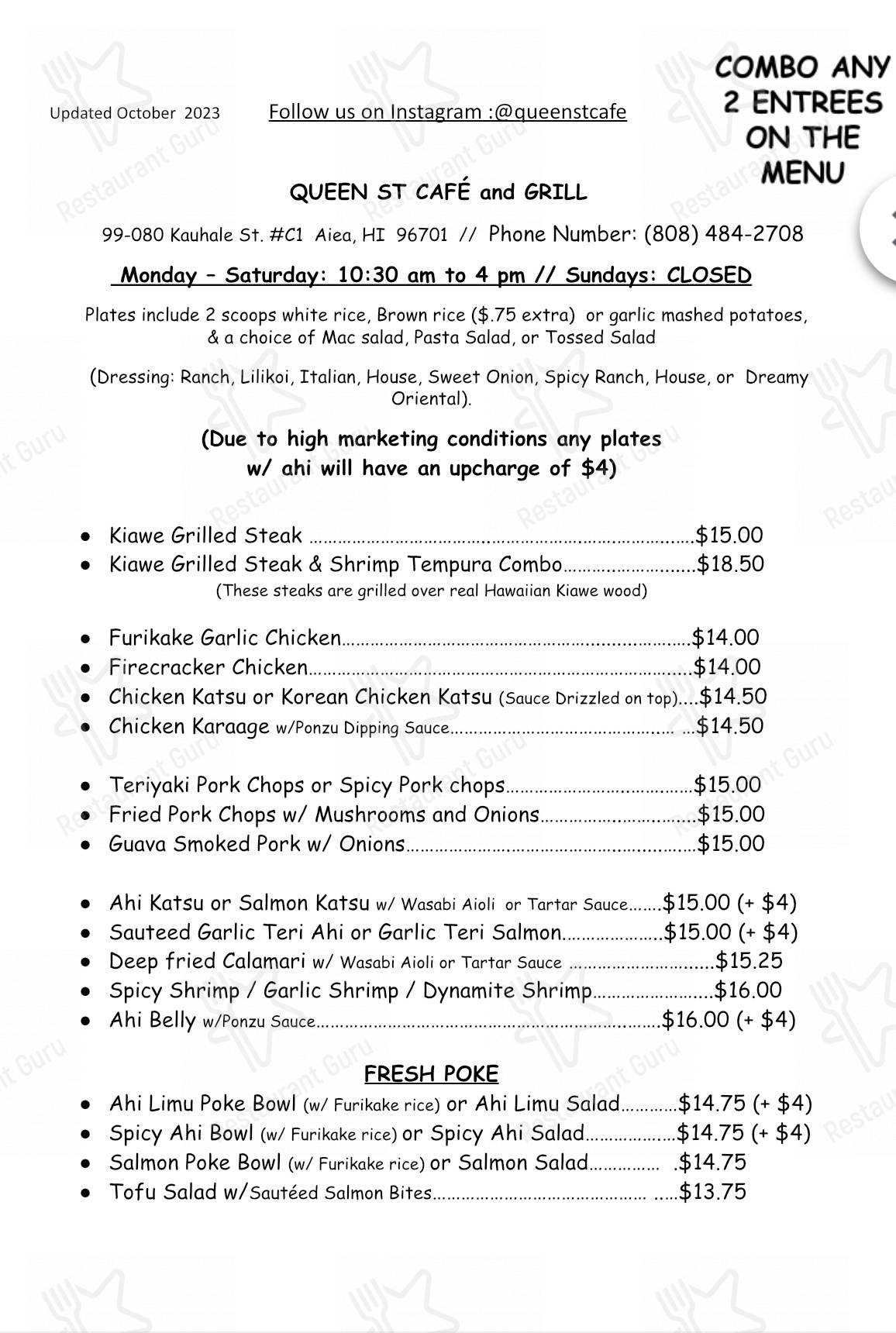 Menu at Queen Street Cafe & Grill, Aiea